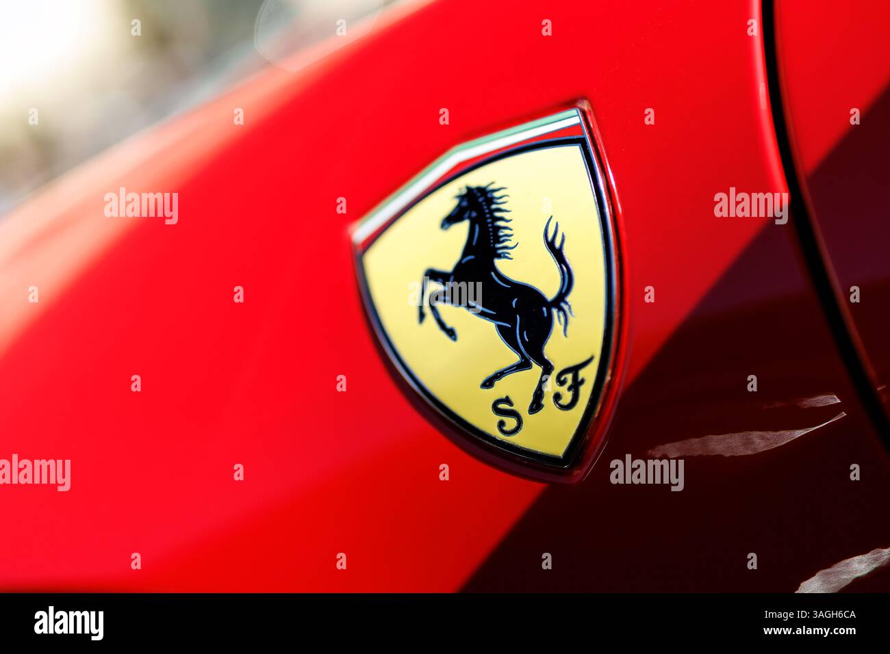 06 April 2025, Bavaria, Munich: The Ferrari brand logo, the coat of ...