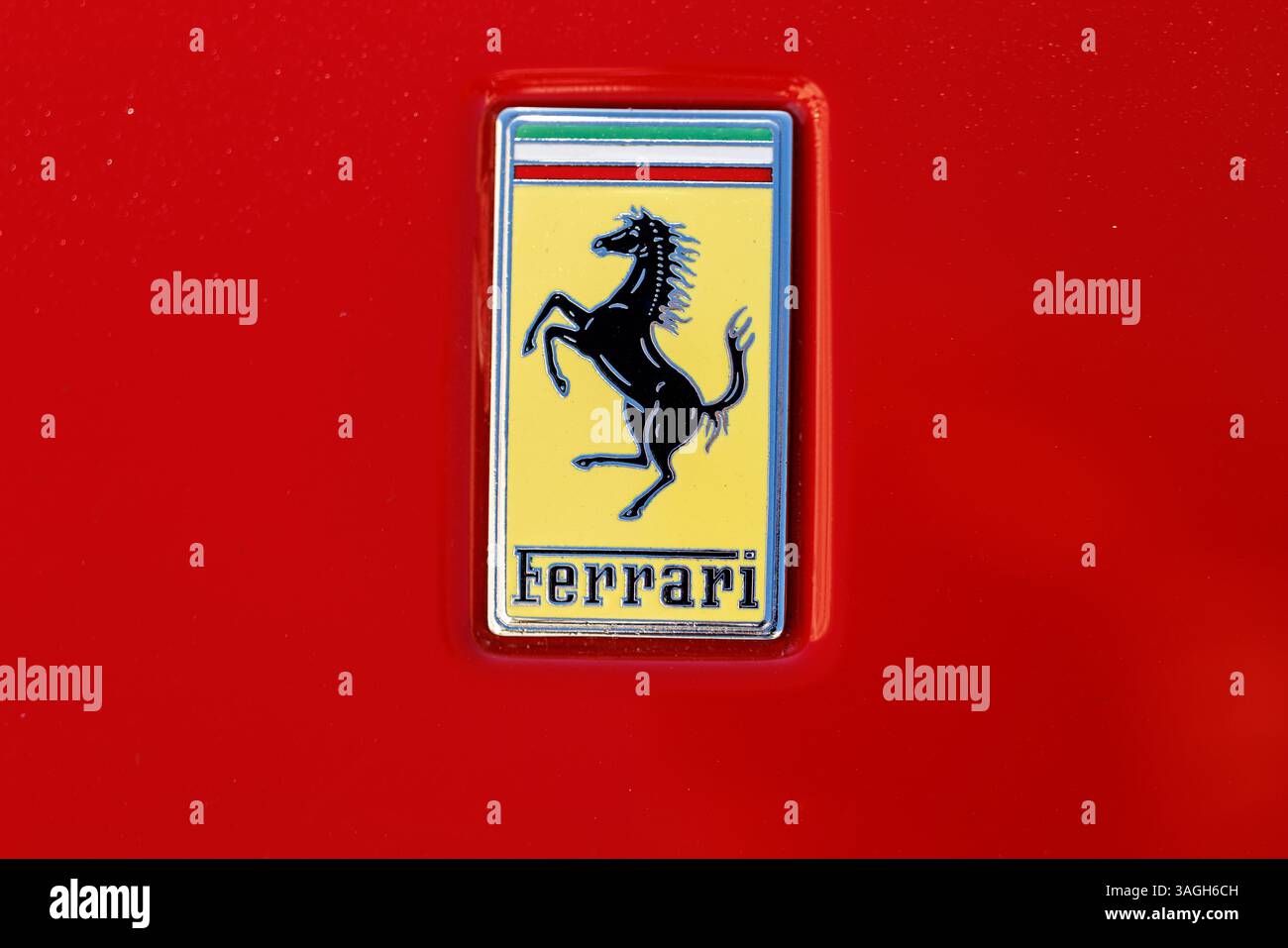 06 April 2025, Bavaria, Munich: The Ferrari brand logo, the coat of ...