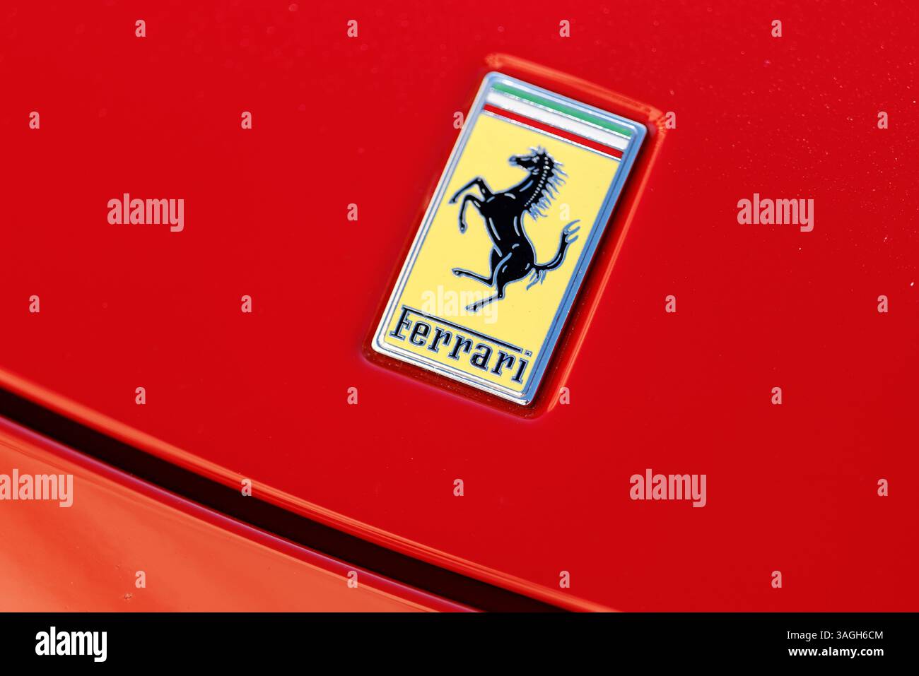 06 April 2025, Bavaria, Munich: The Ferrari brand logo, the coat of ...