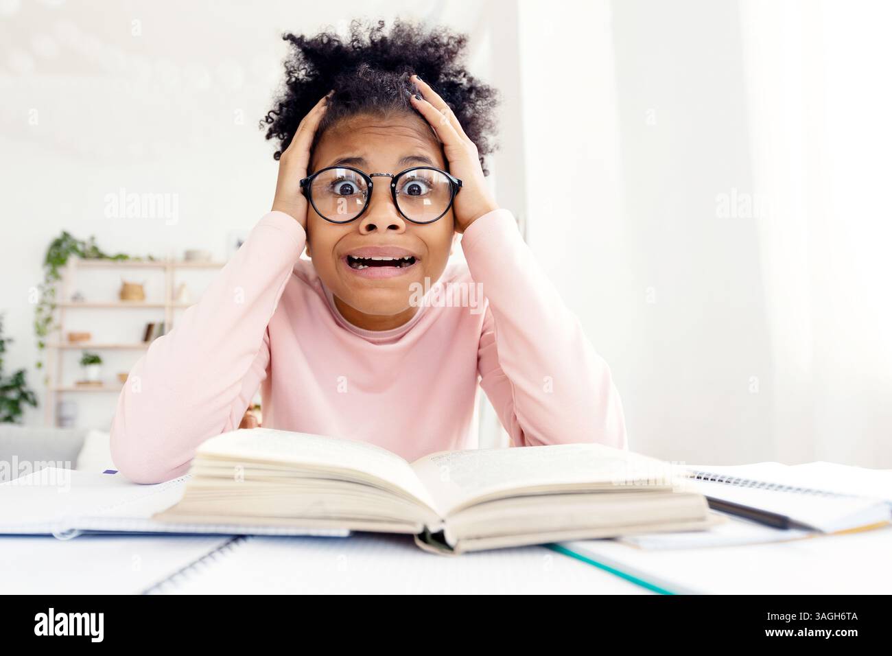 Scared African Schoolgirl Crying Sitting At Book Learning At Home Stock ...