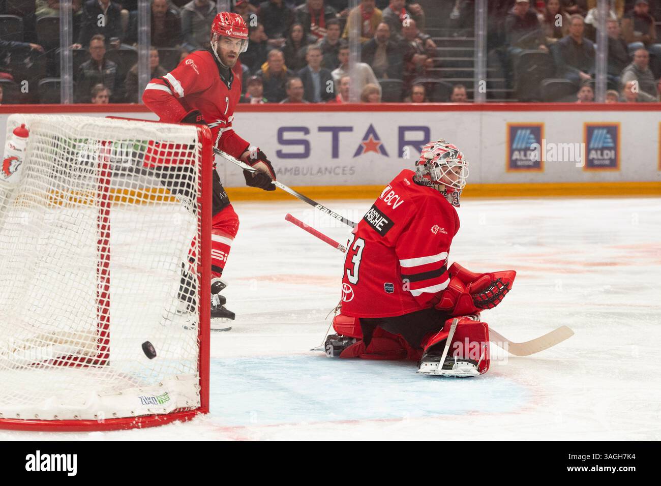 Lausanne, Switzerland. , . Kevin Pasche (goalkeeper) of Lausanne HC #33 ...