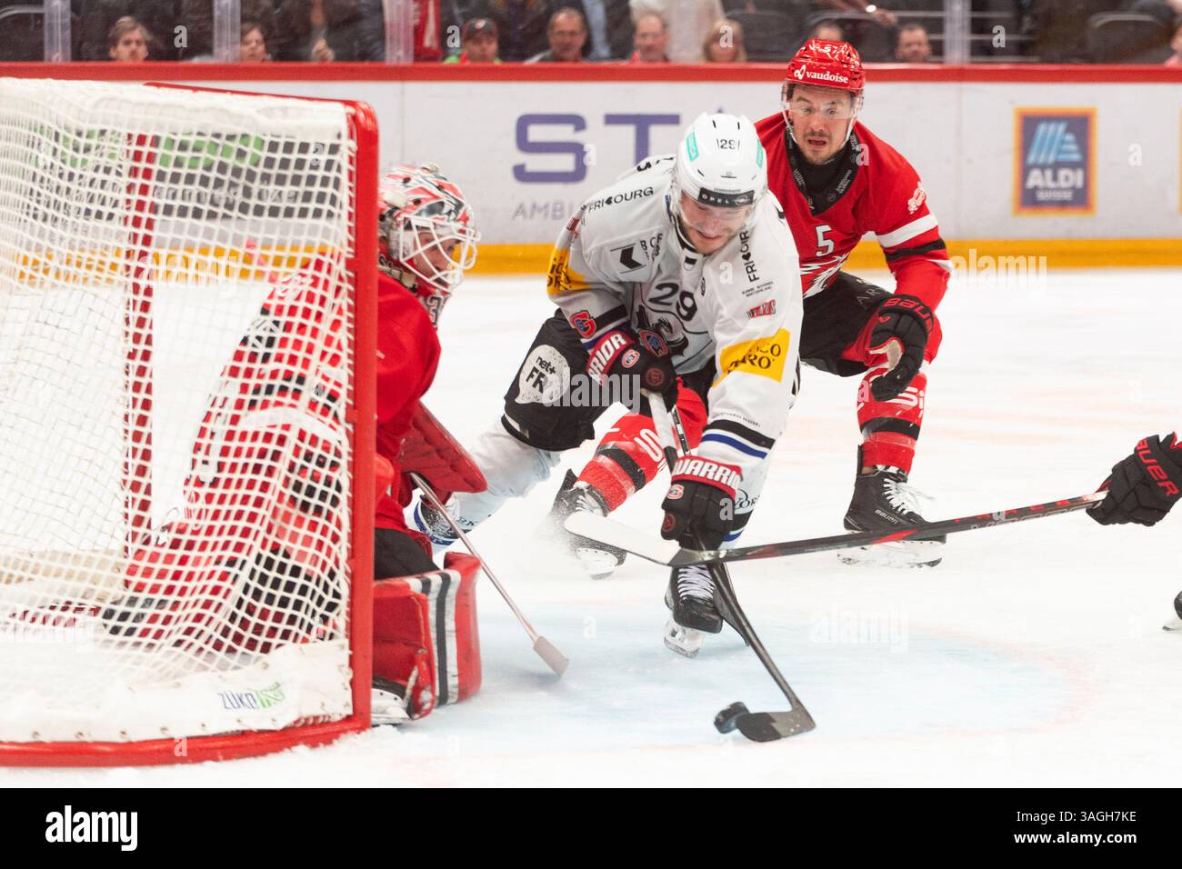 Lausanne, Switzerland. , . Jakob Lilja (offense) of HC Fribourg ...