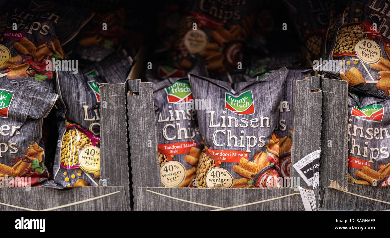 A vibrant display of Linsen Chips snack packs, highlighting their ...
