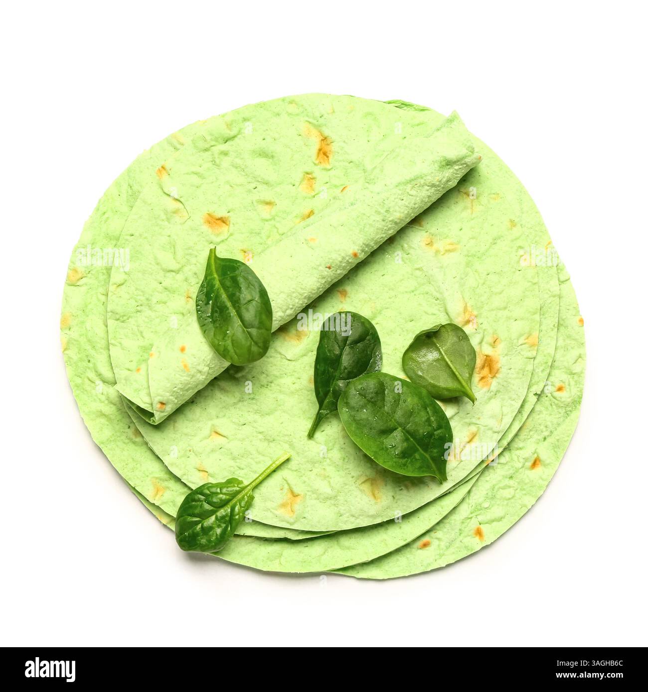 Round green lavash with spinach on white background Stock Photo - Alamy