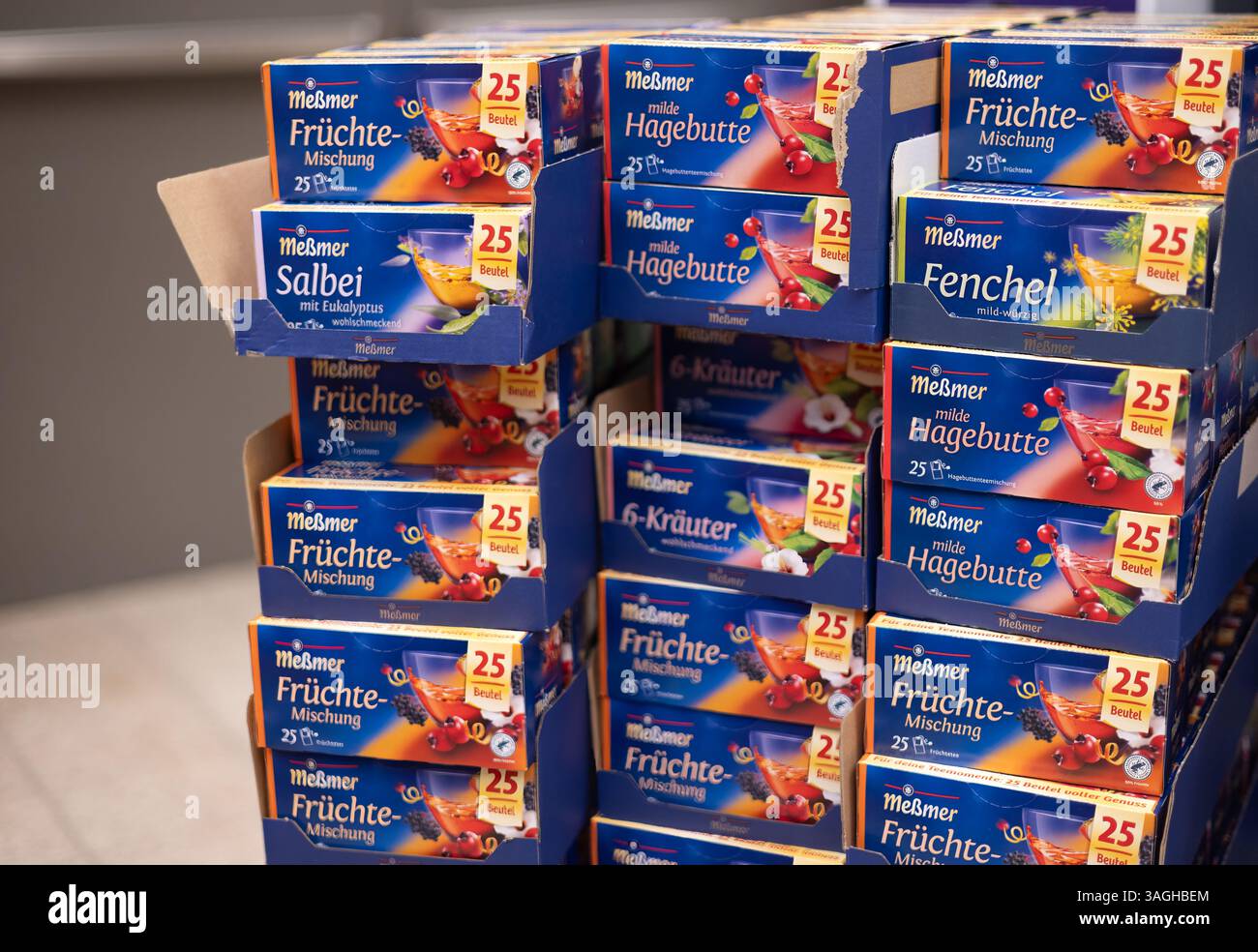 A variety of Messmer herbal tea boxes arranged beautifully ...