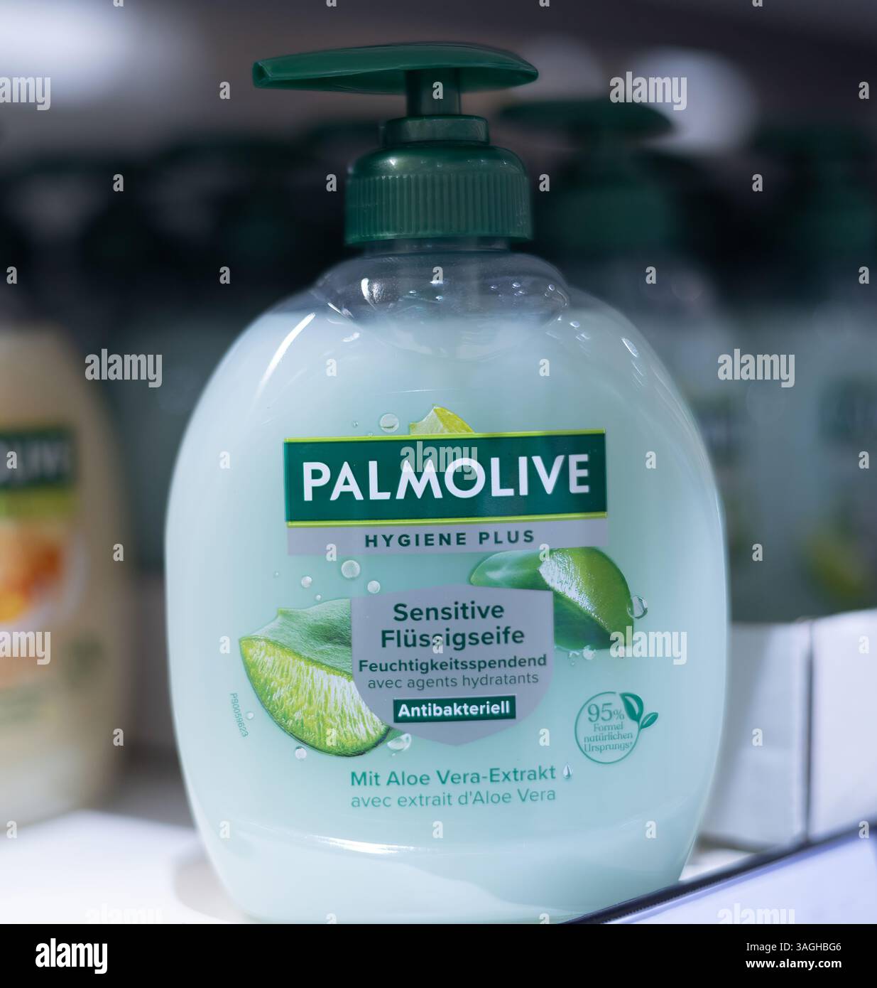 Liquid soap bottle featuring Palmolive s unique formula with aloe vera ...