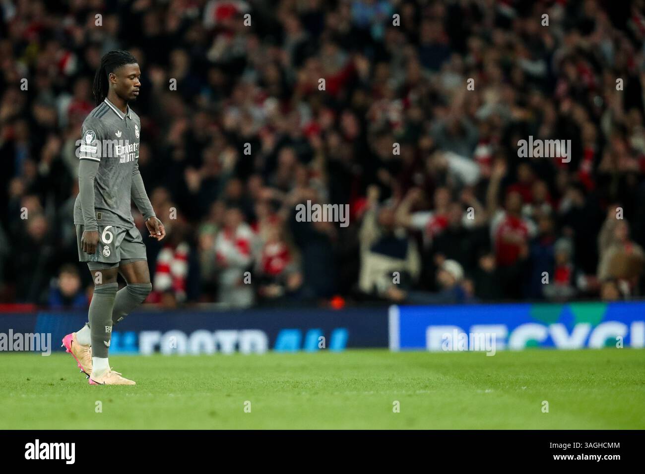 London, UK. 08th Apr, 2025. Eduardo Camavinga of Real Madrid leaves the ...