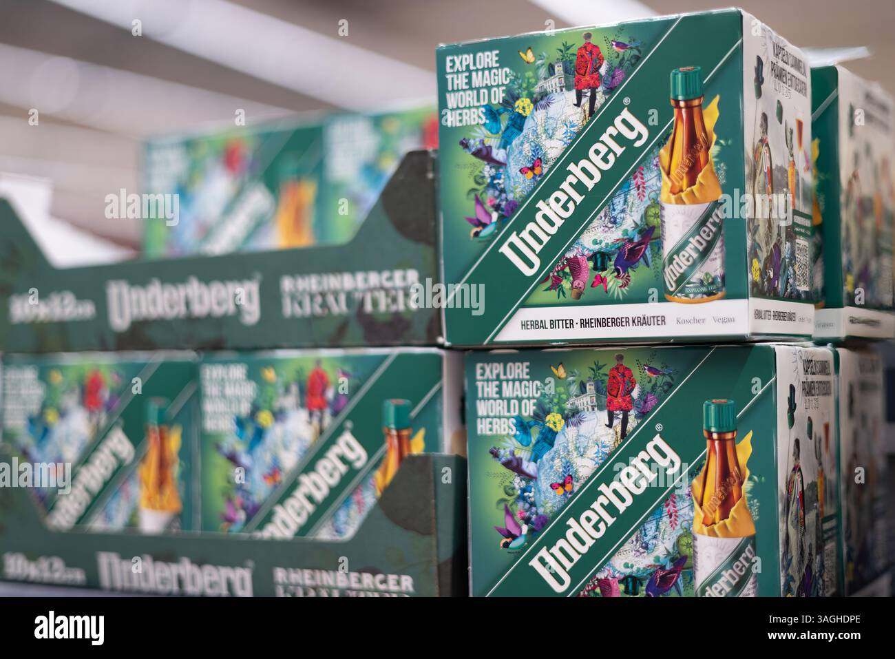 A vibrant display of Underberg herbal bitters packs, showcasing their ...
