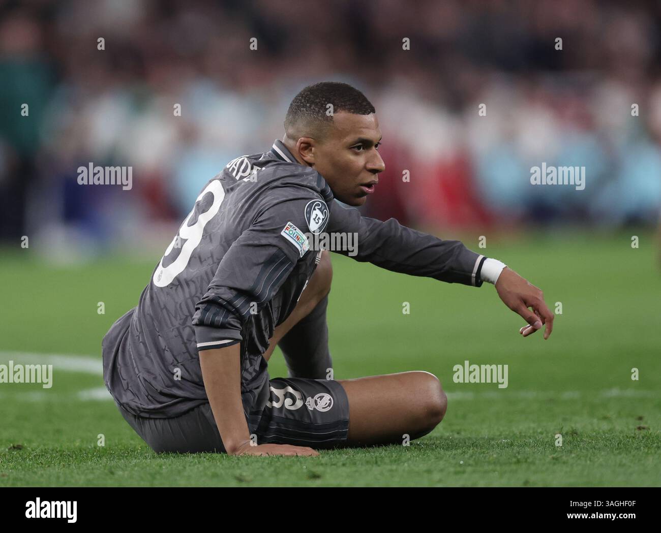 London, UK. 8th Apr, 2025. Kylian Mbappe of Real Madrid dejected during ...