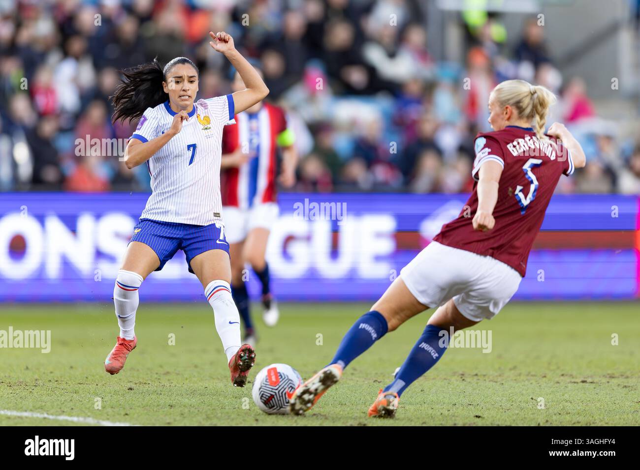 Oslo, Norway 8 April 2025 Sakina Karchaoui of France Paris Saint Germain battles with Guro ...