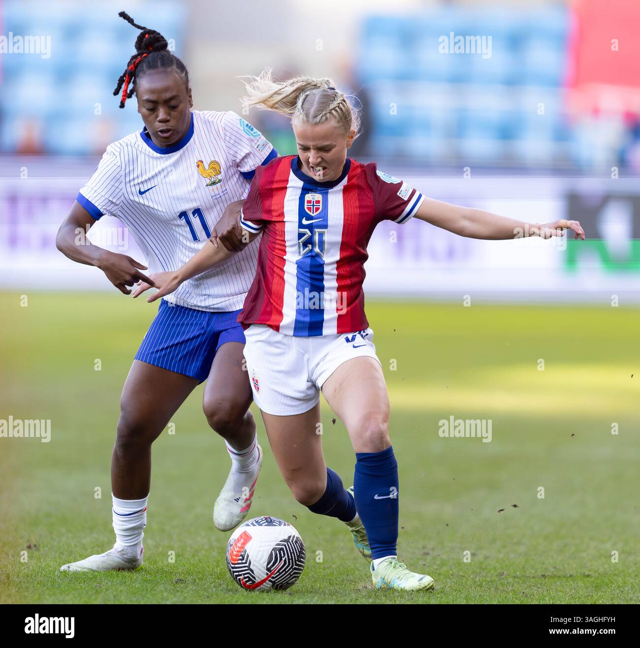 Oslo, Norway 8 April 2025 Emilie Woldvik of Norway and Rosengard holds of a challenge from ...