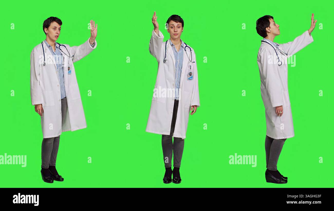 Woman medic waving hello and asking people to come over at checkup ...