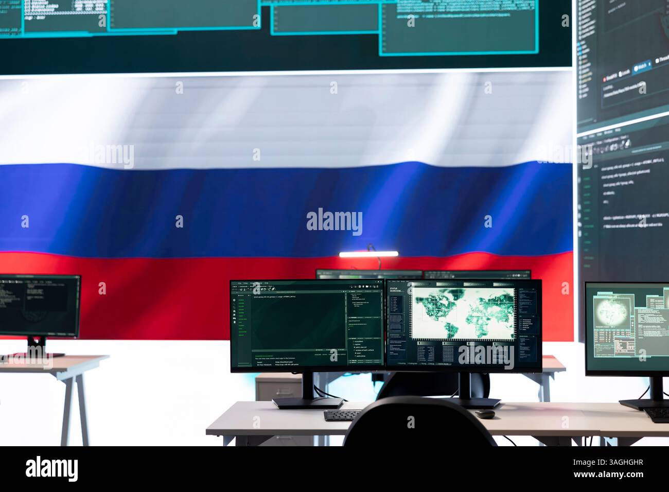 Governmental cyber operations room with Russian flag on big screen ...