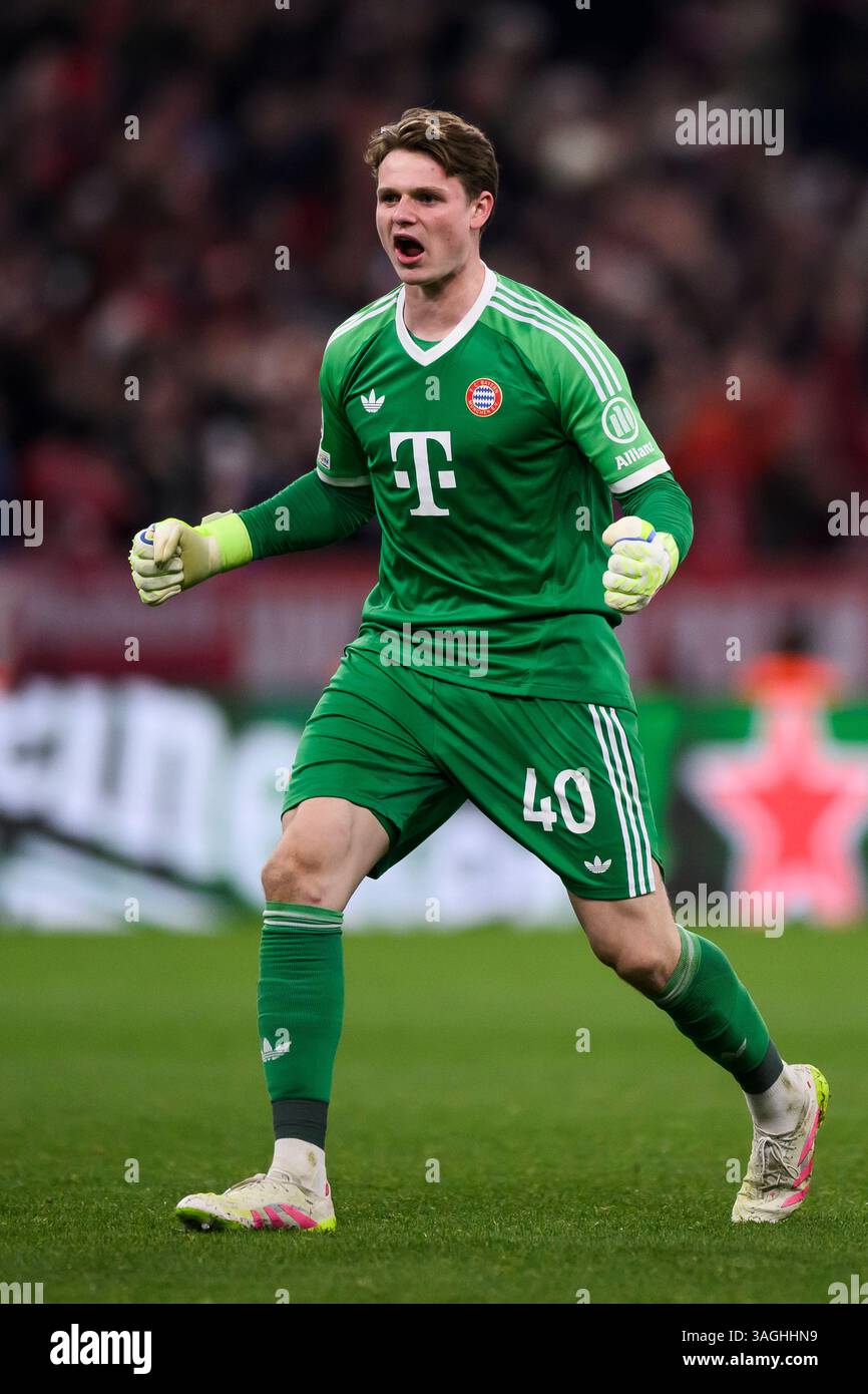 Munich, Germany. 8 April 2025. Jonas Urbig of FC Bayern Munchen ...