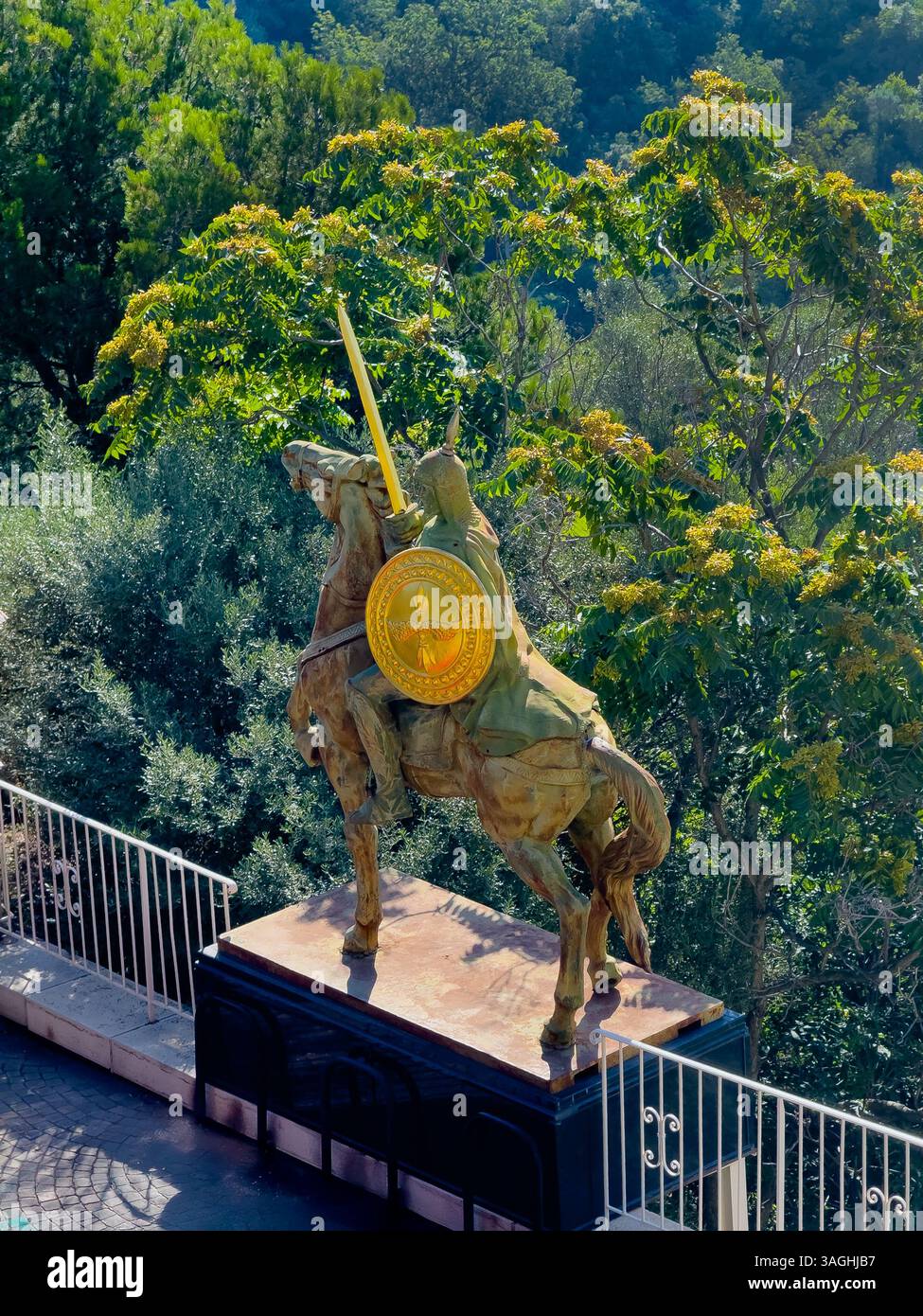 Eze, France - July 9, 2024: Equestrian statue at chateau de la chevre d ...