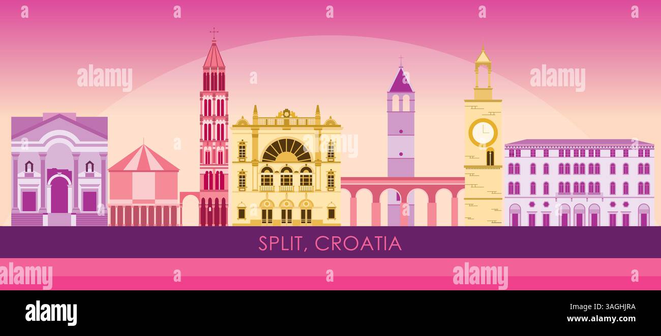 Sunset Skyline panorama of City of Split, Croatia - vector illustration ...