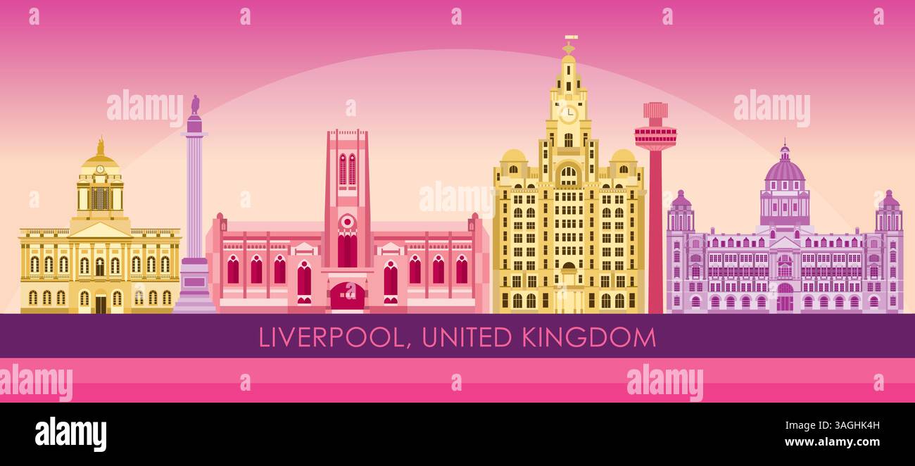Sunset Skyline panorama of Liverpool, United Kingdom - vector ...