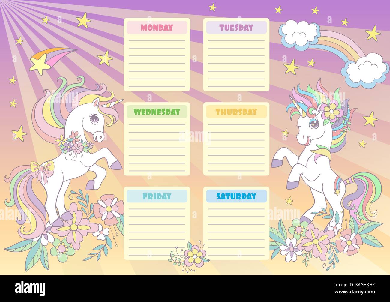 Cute Unicorn schedule, weekly planner and school time table design with ...