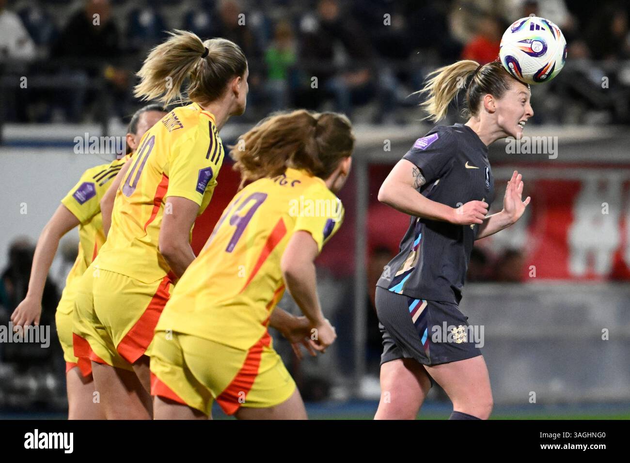 8th April 2025; Leuven, Belgium: Walsh Keira of England in heading ...