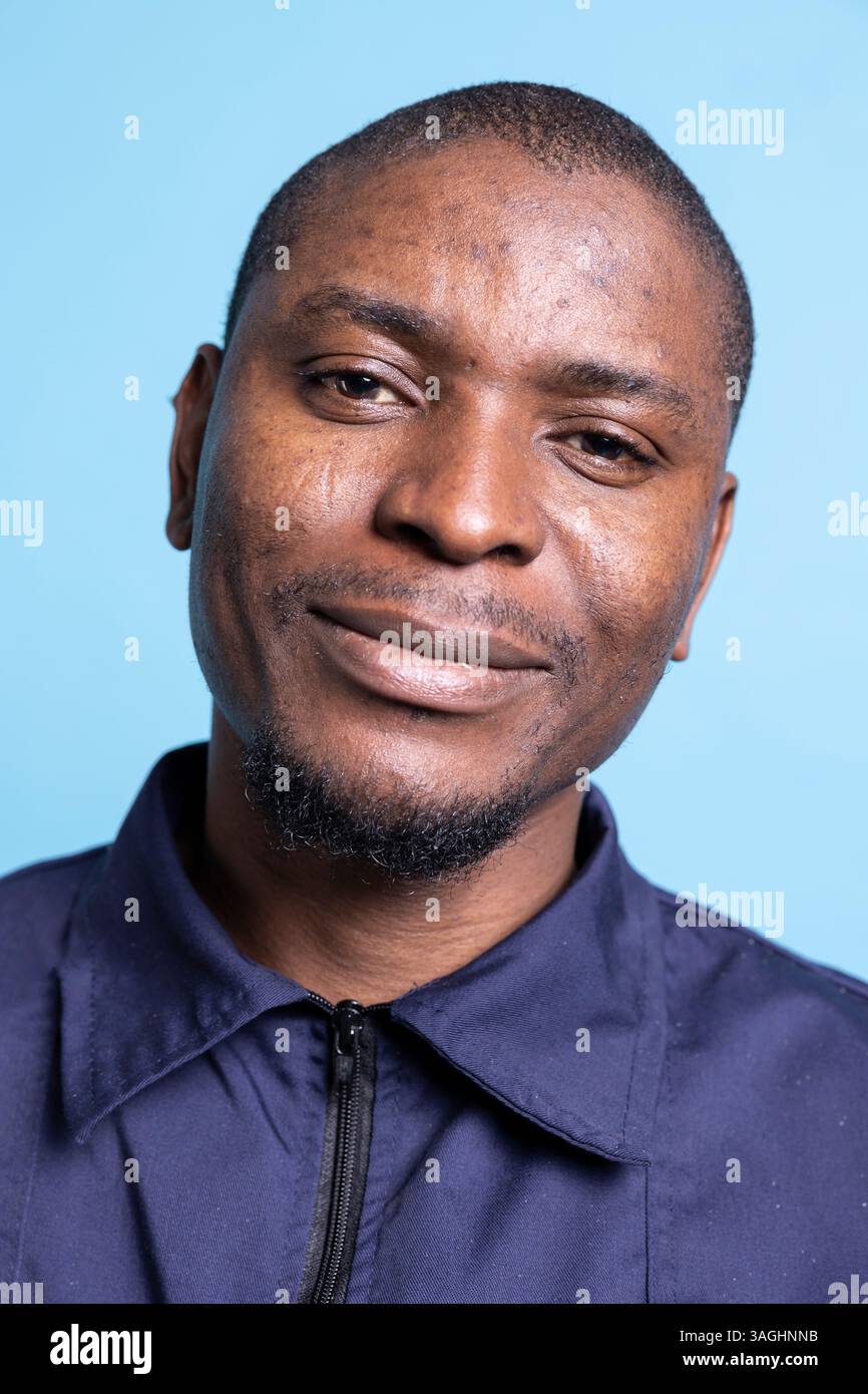 Portrait of confident pleased security agent feels proud of his duty ...