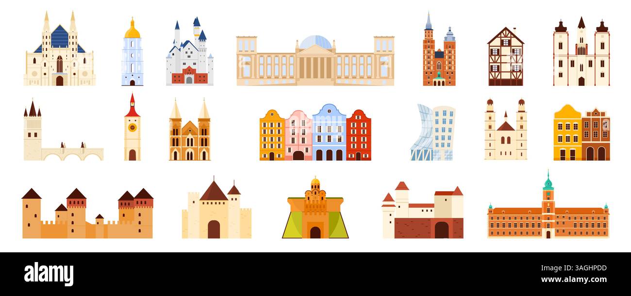 Flat set of famous European architectural styles including castles ...