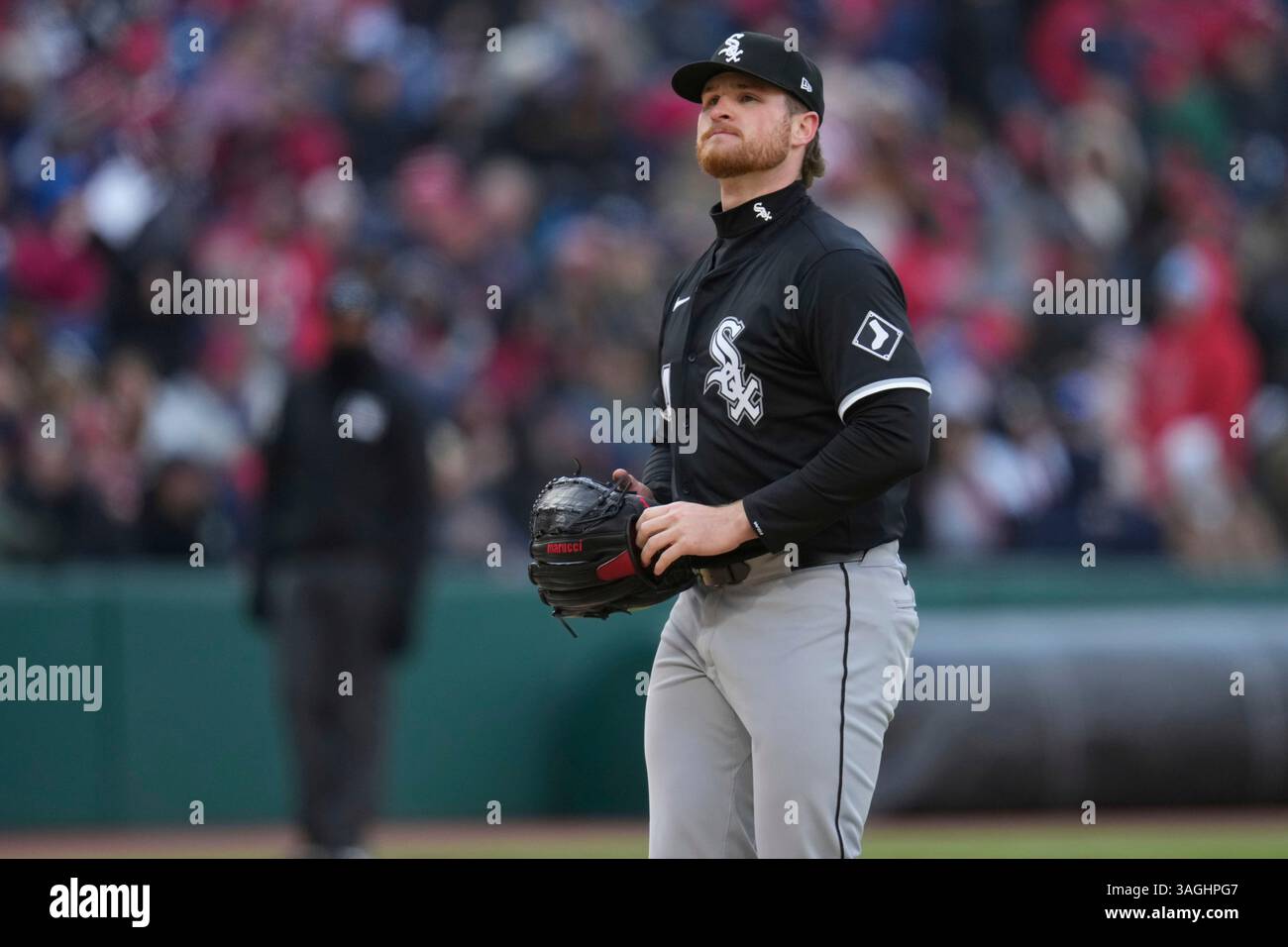 Chicago White Sox pitcher Shane Smith reacts after Cleveland Guardians ...