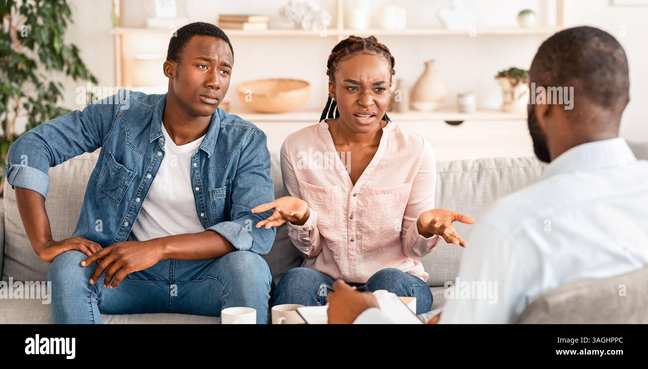 Unhappy Black Couple Having Meeting With Marital Counselor, Discussing ...