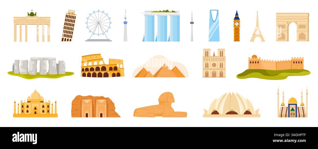 A global set of world-famous landmarks including historical monuments ...
