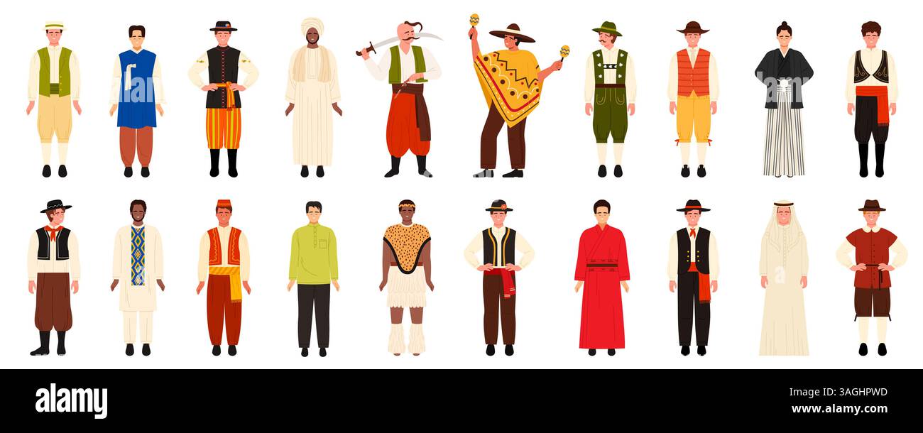 Folk man in ethnic traditional different dress set. Male characters ...