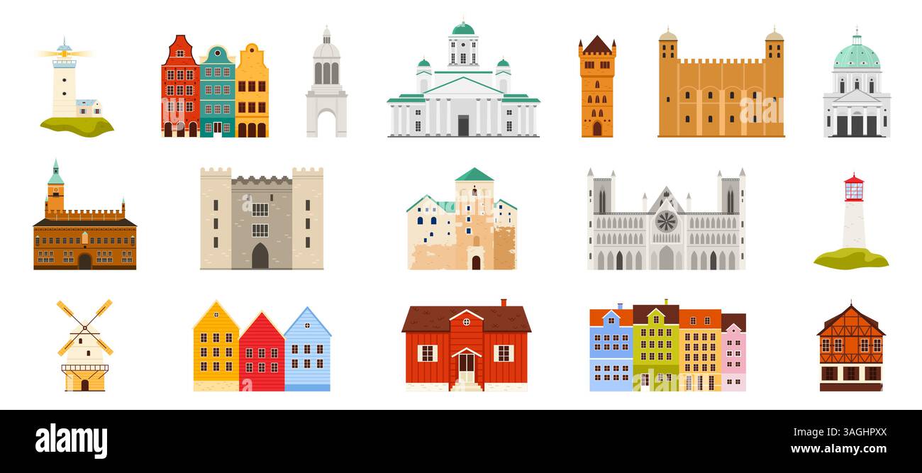Traditional iconic buildings set from Scandinavian and Nordic regions ...