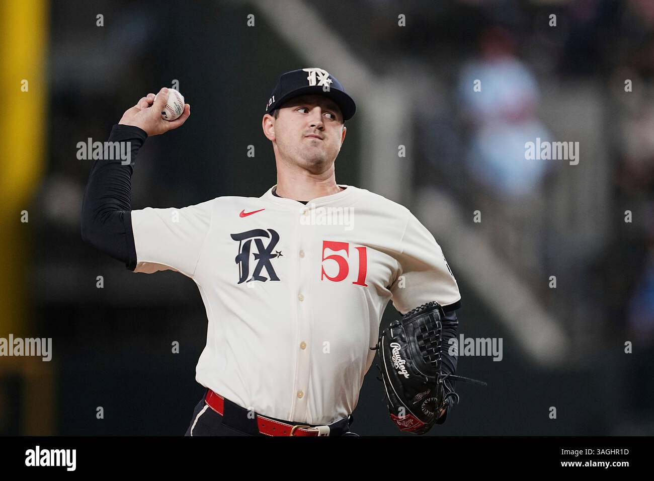 Texas Rangers starting pitcher Tyler Mahle throws to the Tampa Bay Rays ...