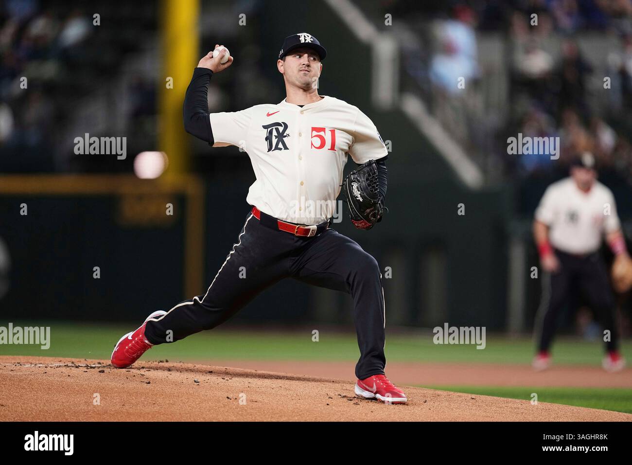 Texas Rangers starting pitcher Tyler Mahle throws to the Tampa Bay Rays ...