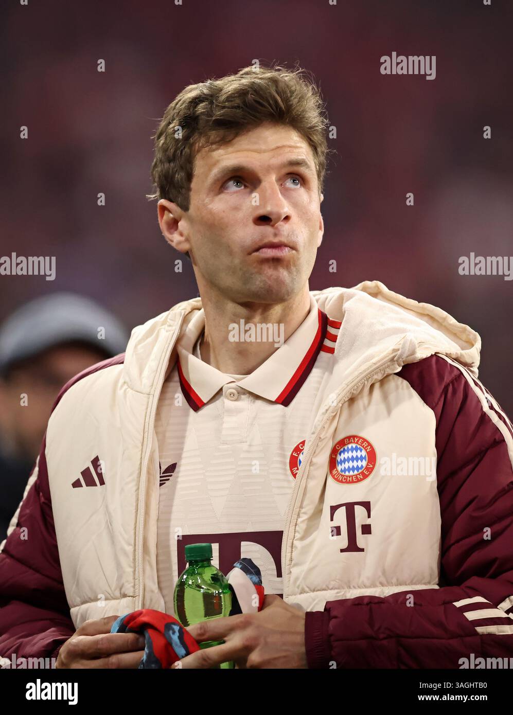 MUNICH, GERMANY - APRIL 08: Thomas Mueller of Bayern Muenchen looks on prior the UEFA Champions ...