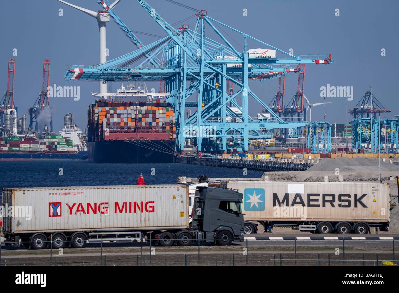 APM Container Terminal, Container Frachter wird be- und entladen ...