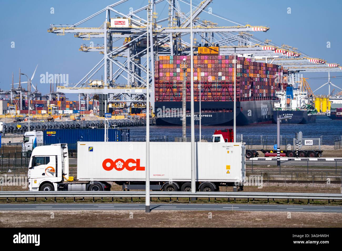 Hafen Maasvlakte2, Singapore Express, Hapag-Lloyd Containerschiff am RWG Container Terminal ...