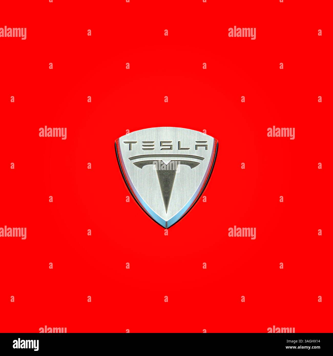 Tesla emblem on a car at LeMay America's Car Museum Stock Photo - Alamy