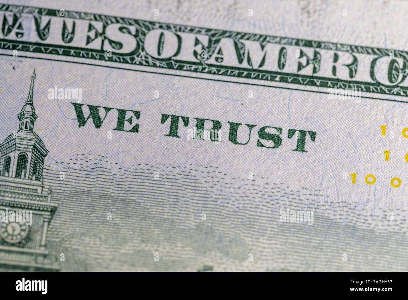 reverse of 100 American dollars with banknote details, close up of ...