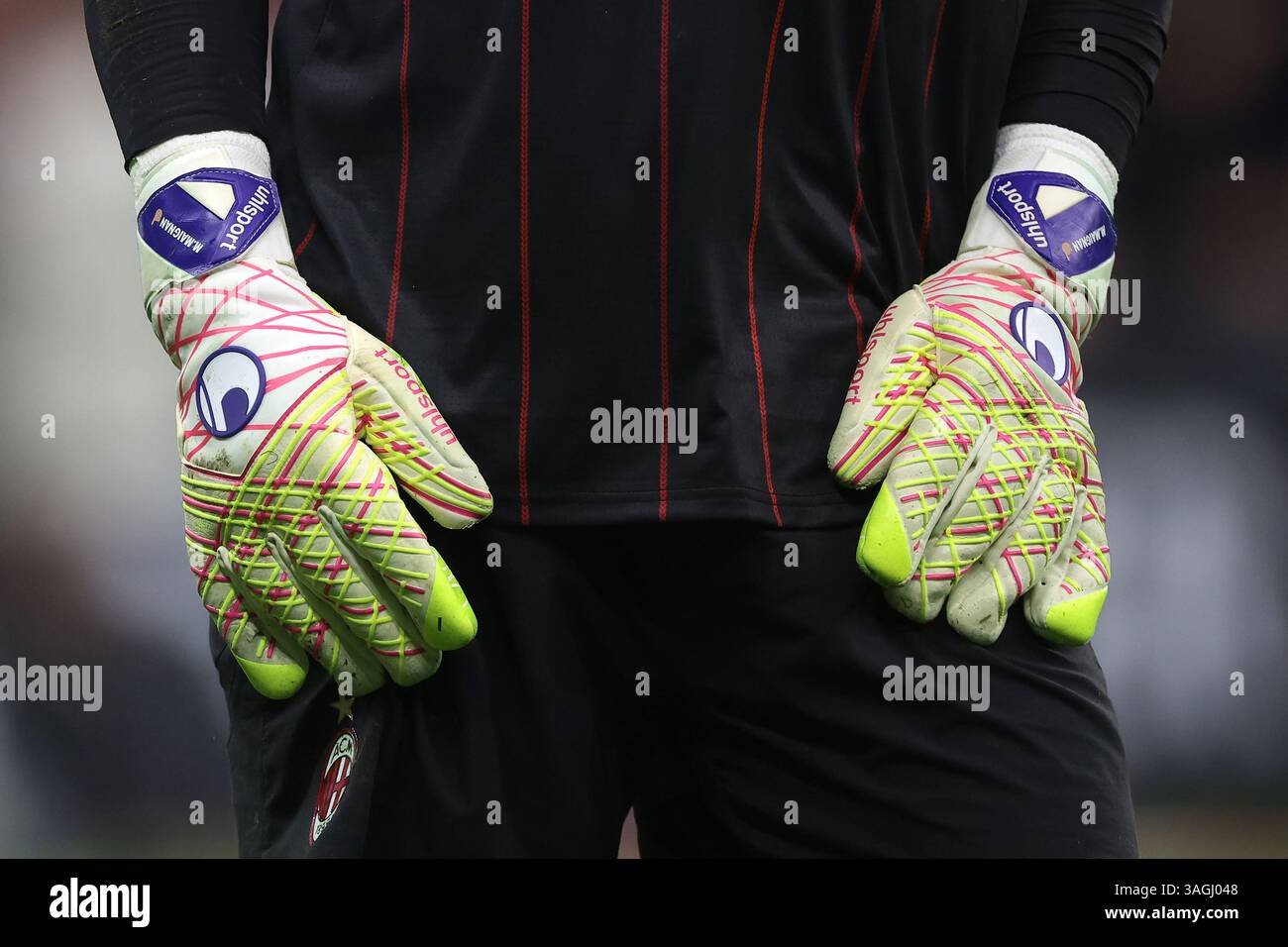 Milan, Italy, 5th April 2025. Details of Mike Maignan of AC Milan’s ...