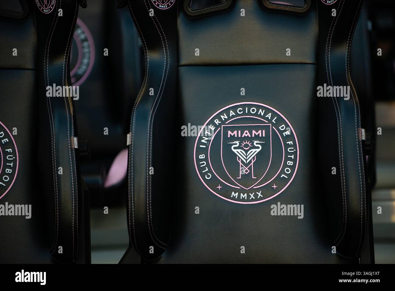 Fort Lauderdale, Florida; USA. Inter Miami CF emblem stitched on black ...