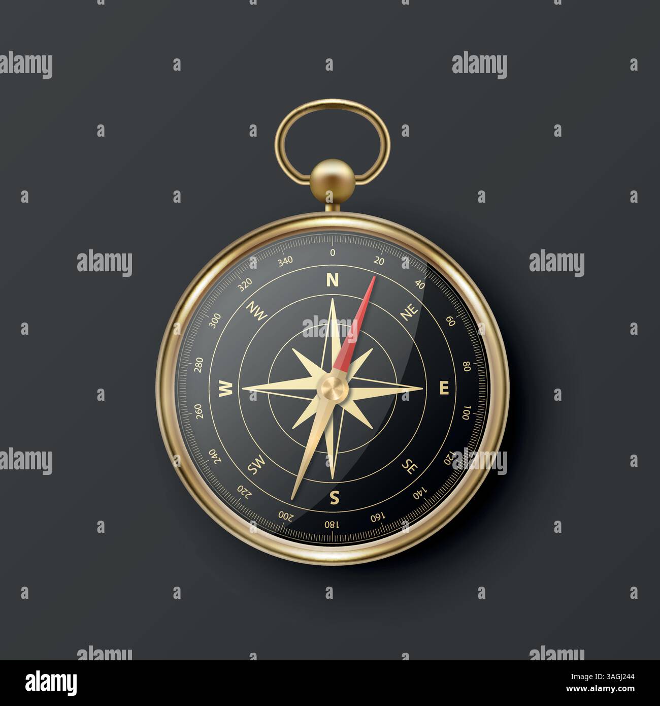 Realistic 3D Vector Compass with Gold Metallic Frame, Navigation Tool ...