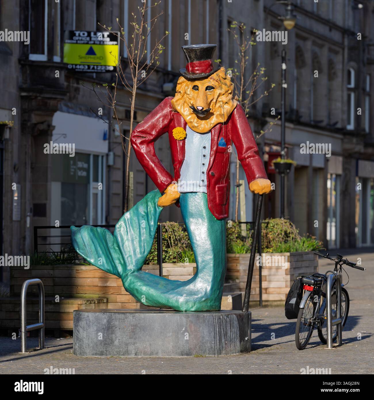 8 April 2025.Elgin,Moray,Scotland. This is the Dandy Lion Statue on the ...