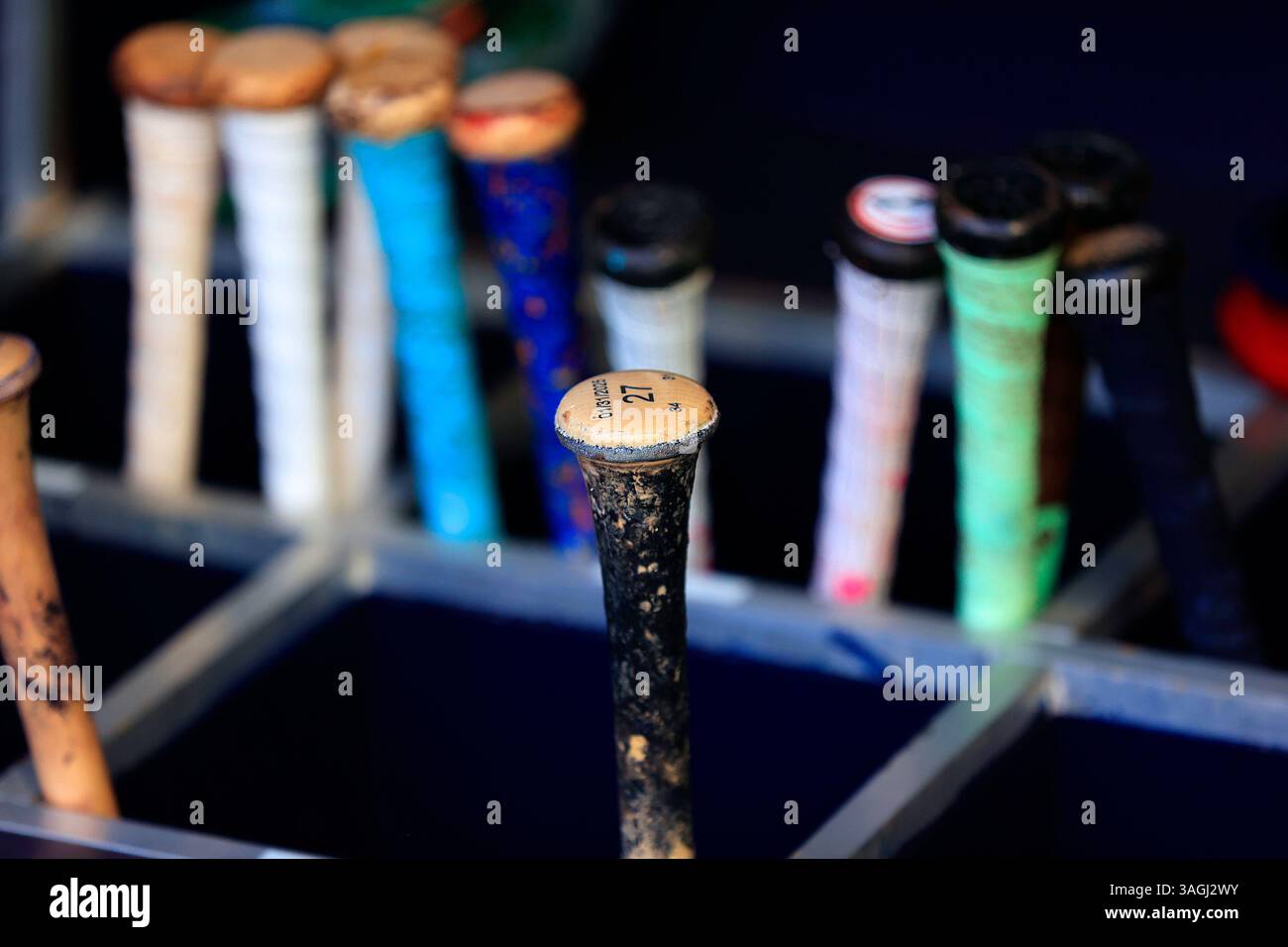 ATLANTA, GA - APRIL 05: Baseball bats in the dugout before the MLB ...