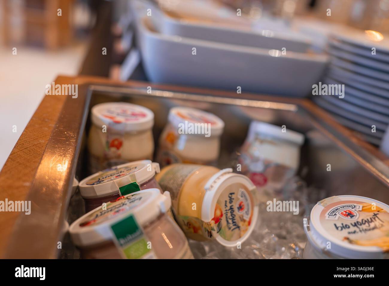Organic Yogurt Jars on Ice in a Luxury Hotel Breakfast Buffet Stock ...