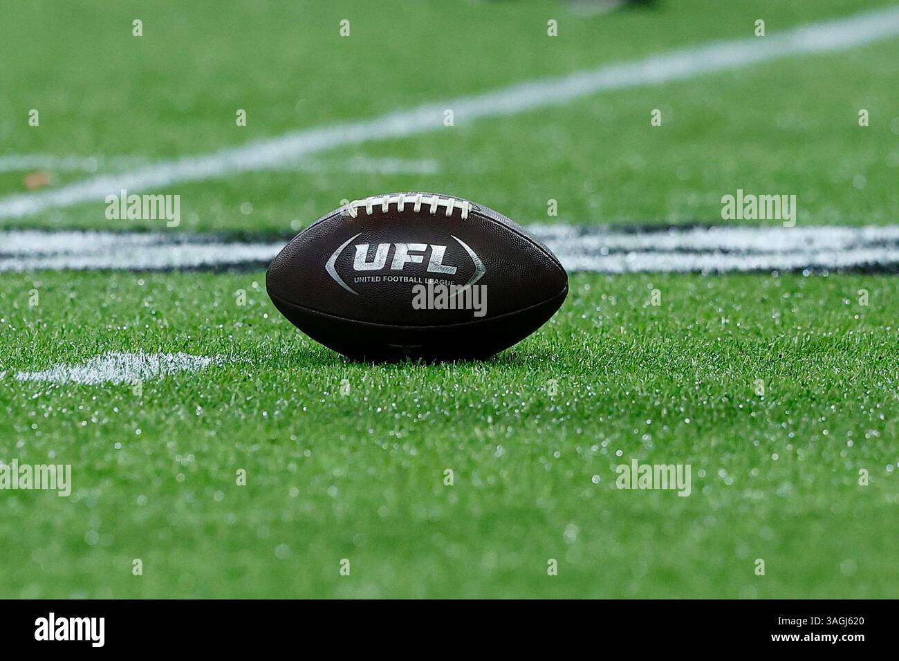 ST. LOUIS, MO - APRIL 06: The UFL Logo on the game ball as it sits on ...
