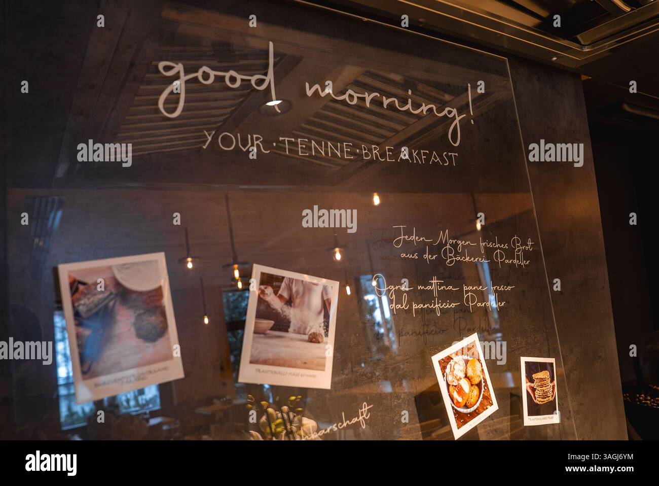 Breakfast Menu Display at Luxury Hotel in the Italian Alps Stock Photo ...