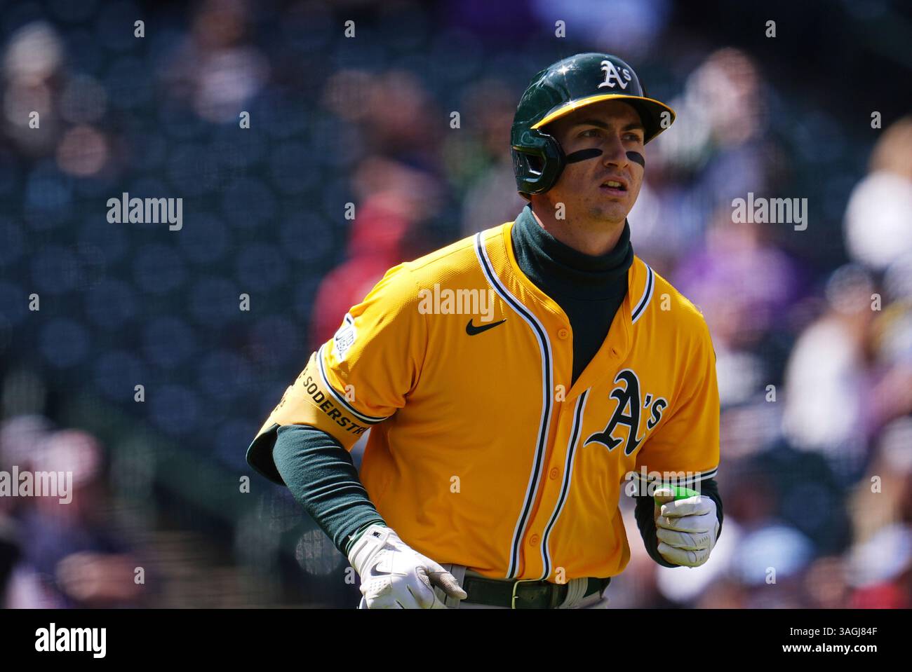 Athletics first base Tyler Soderstrom (21) in the first inning of a ...