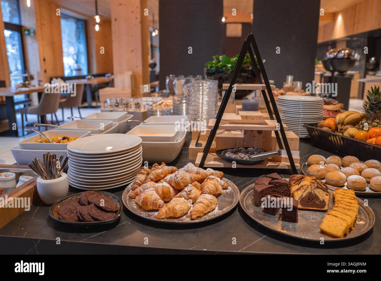 Luxurious Breakfast Buffet in Modern Hotel Dining Area with Alpine View ...