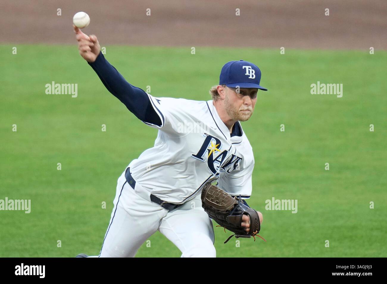 Tampa Bay Rays pitcher Shane Baz delivers to the Los Angeles Angels ...