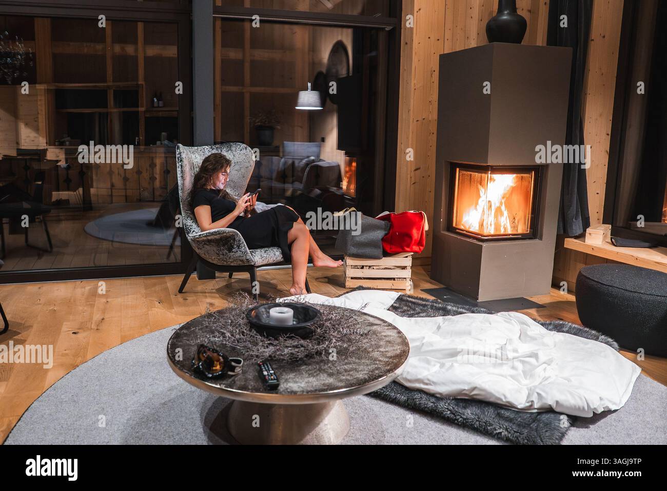 Modern Hotel Interior with Fireplace in the Italian Alps Stock Photo ...