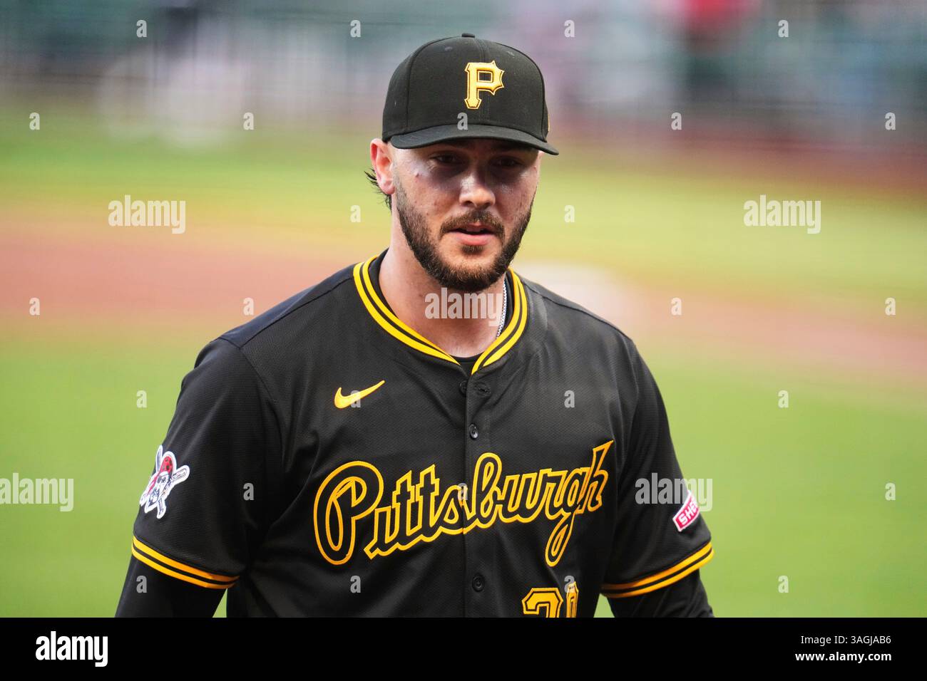 Pittsburgh Pirates pitcher Paul Skenes walks to the dugout during a ...